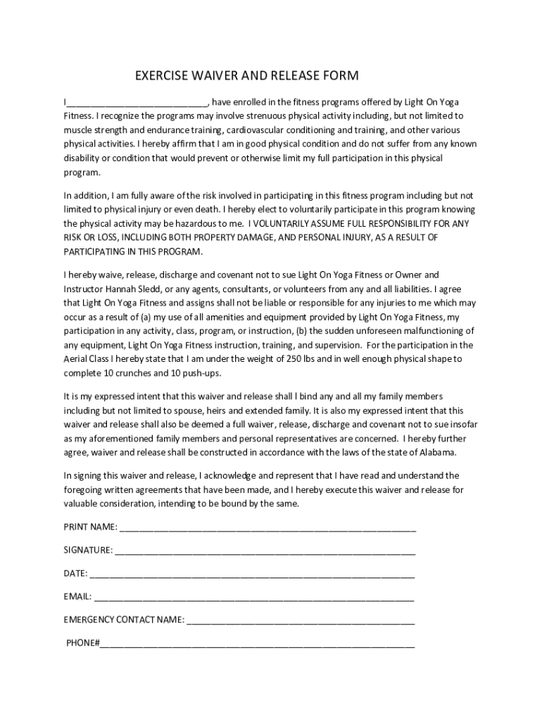 Fillable Online EXERCISE WAIVER AND RELEASE FORM.docx Fax Email Print ...