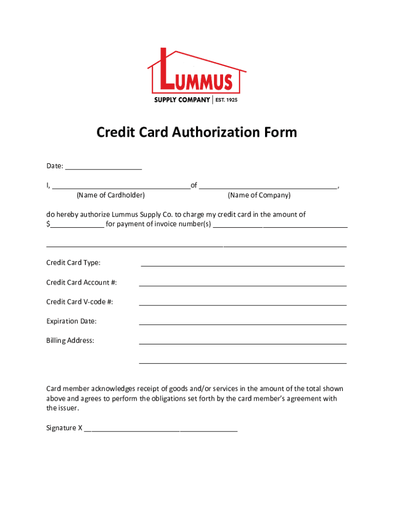 Fillable Online Credit Card Authorization Form - Lummus Supply Fax ...