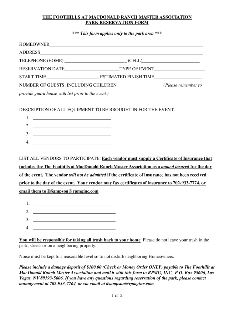 Fillable Online Fillable Online Park Reservation Form - Real Properties ...