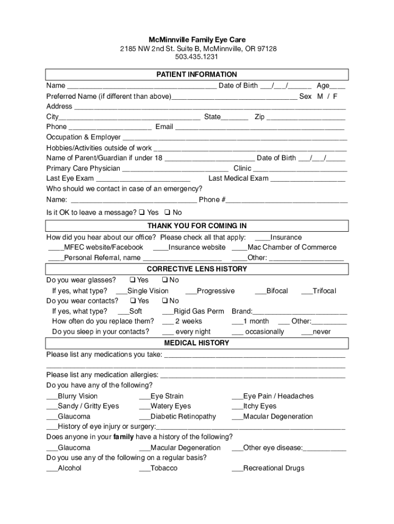 Fillable Online Intake Form Revised Nic - McMinnville Family Eye Care ...
