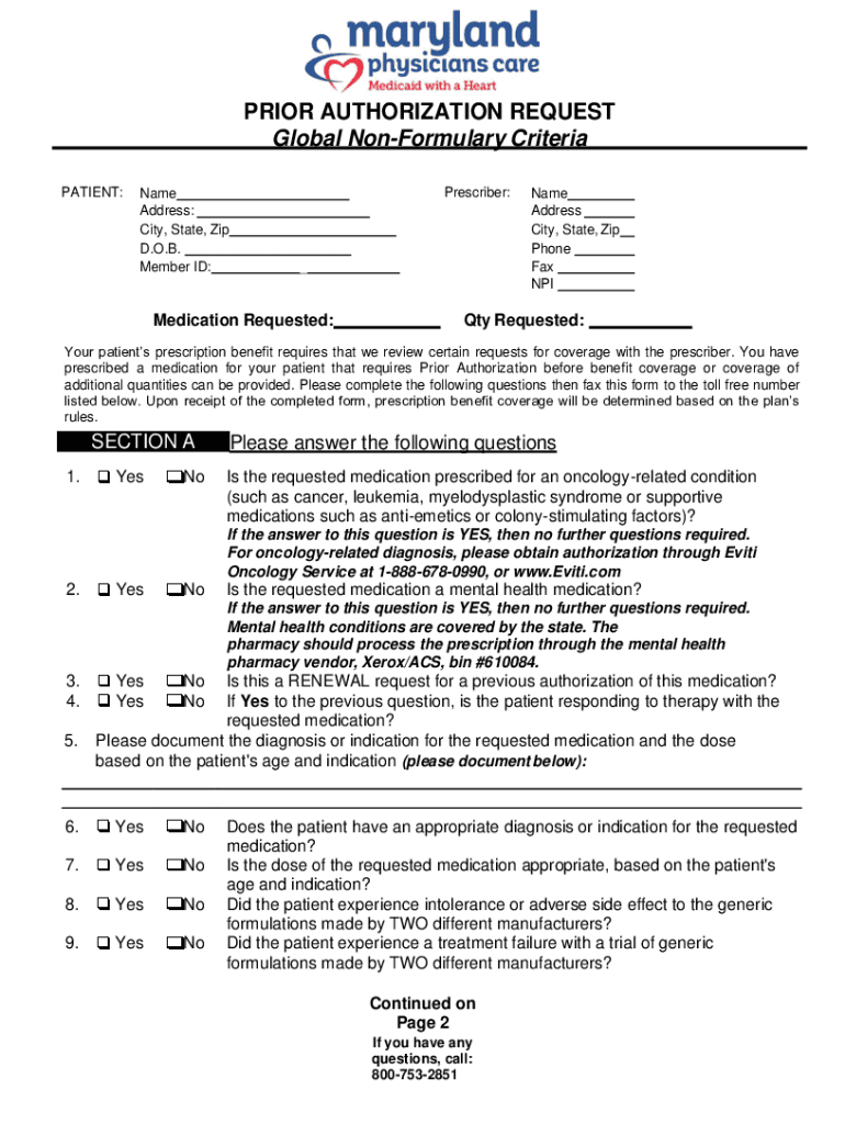 Fillable Online PRIOR AUTHORIZATION REQUEST Global Non-Formulary ...