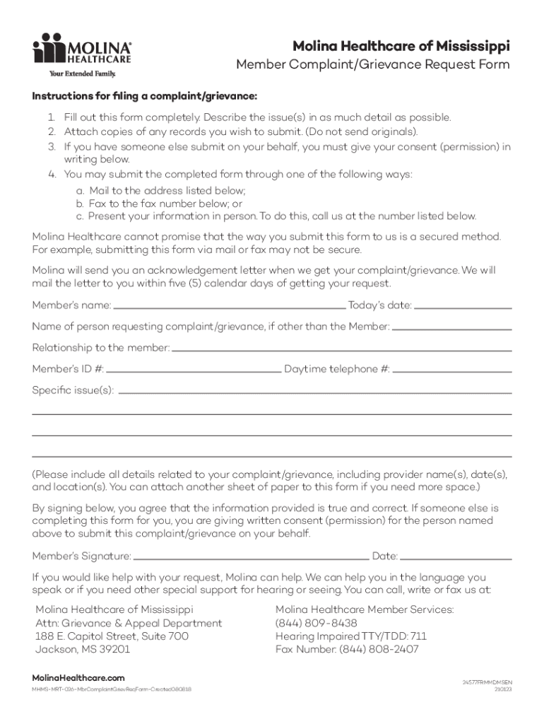 Fillable Online Molina Healthcare of Mississippi. Member Complaint / Grievance Request Form Fax ...