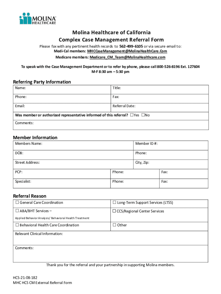 Fillable Online Complex Case Management Referral Form. Complex Case ...