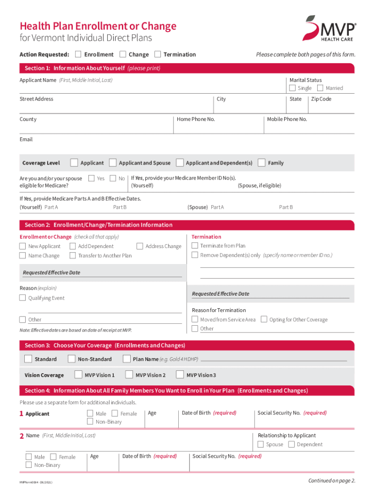 Fillable Online Fillable Online MVP Vermont Health Plan Enrollment and ...