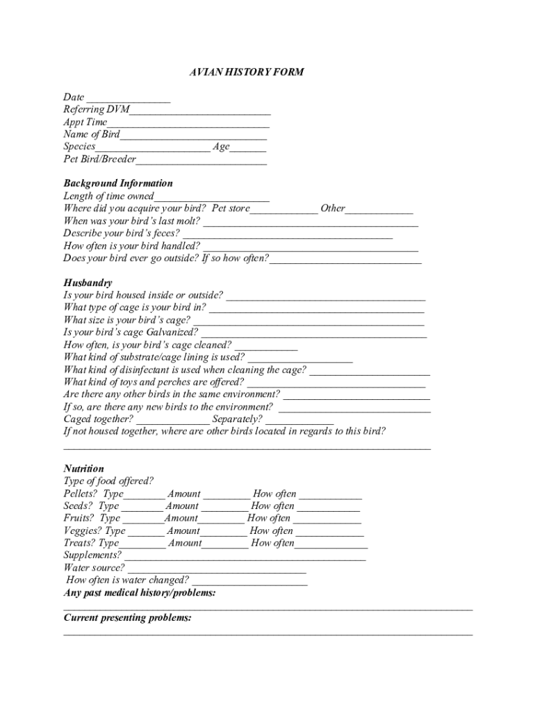 Fillable Online AVIAN HISORY FORM Fax Email Print - pdfFiller