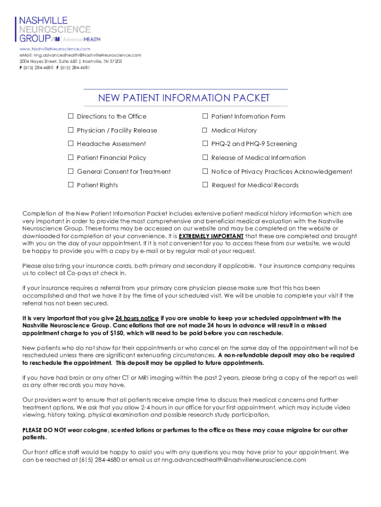 Fillable Online FINAL - NNG New Patient Information Packet Revised 08 ...