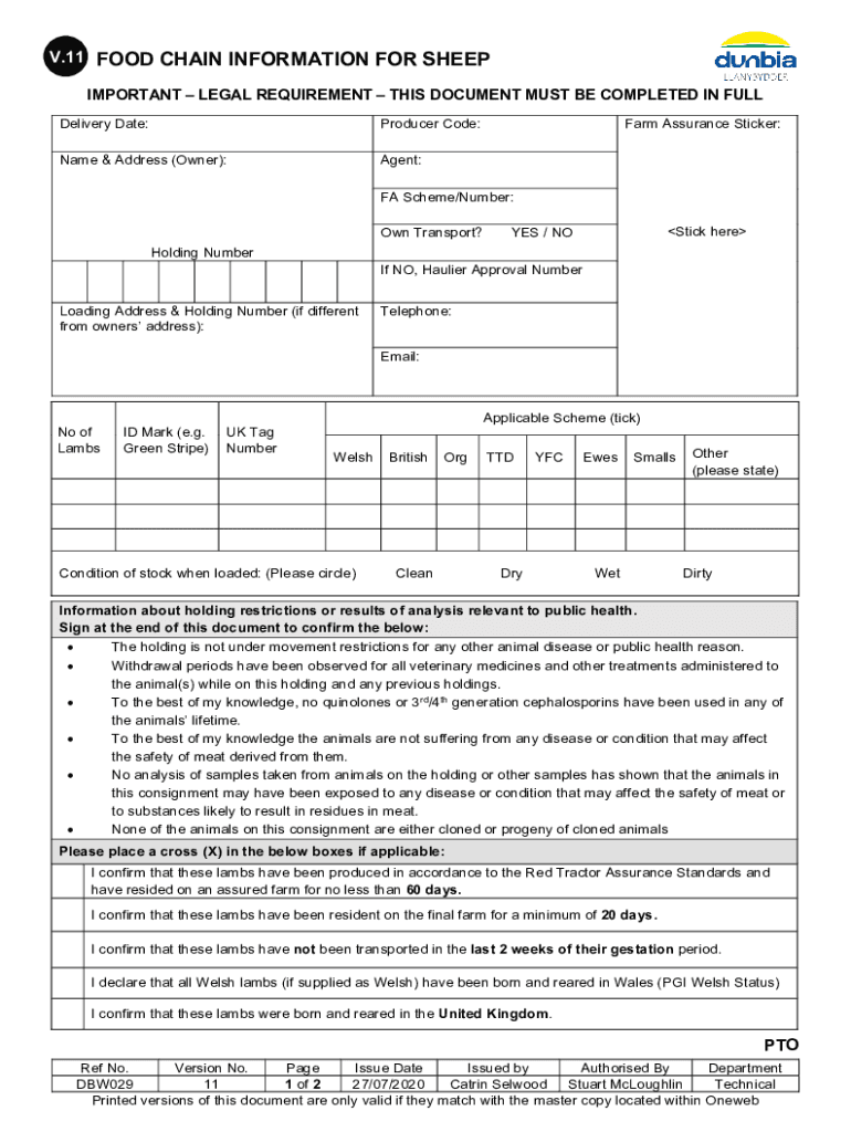 Fillable Online V.11 FOOD CHAIN INFORMATION FOR SHEEP - Farm Stock Fax ...