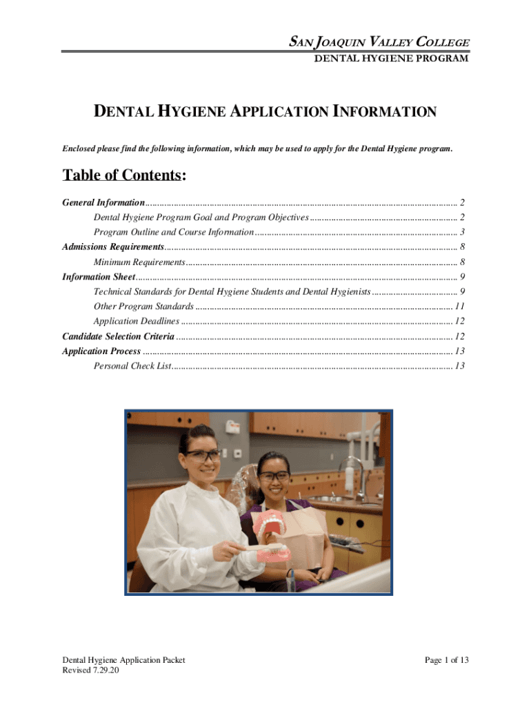 Fillable Online Dental Hygiene Application Package - San Joaquin Valley ...