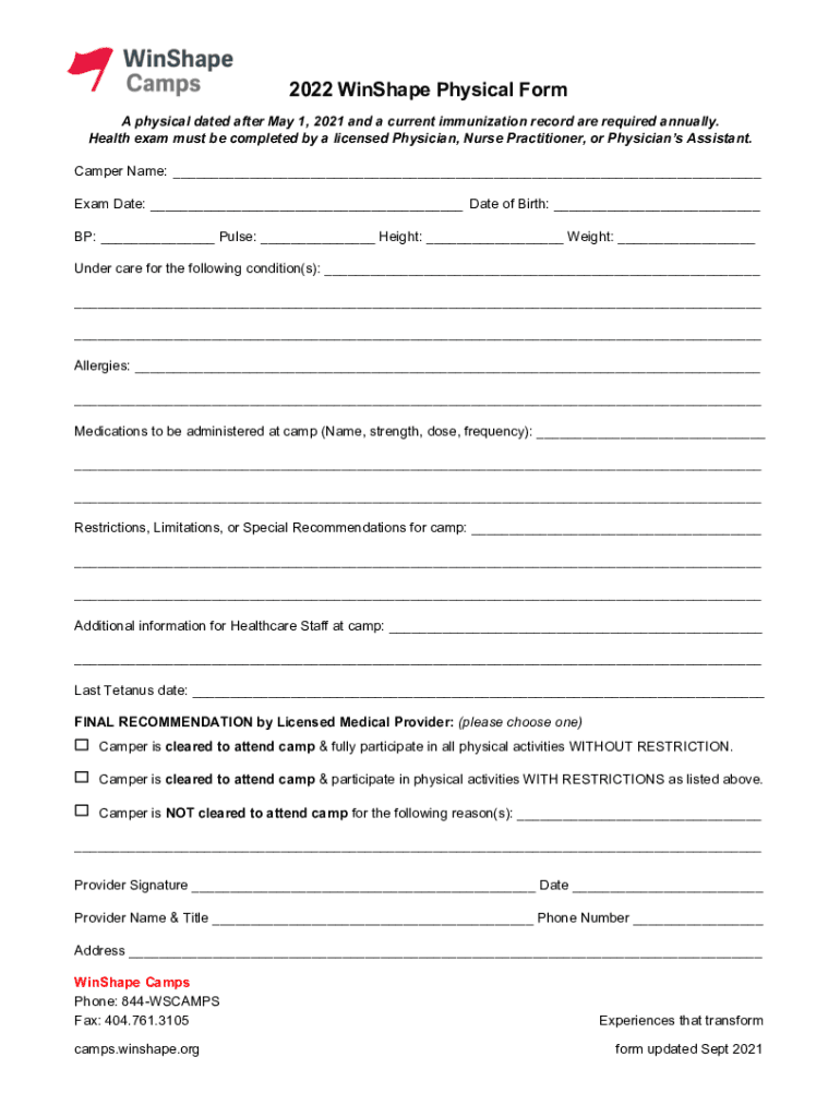 Fillable Online WSC Camper Physical Form 2022 Fax Email Print - pdfFiller