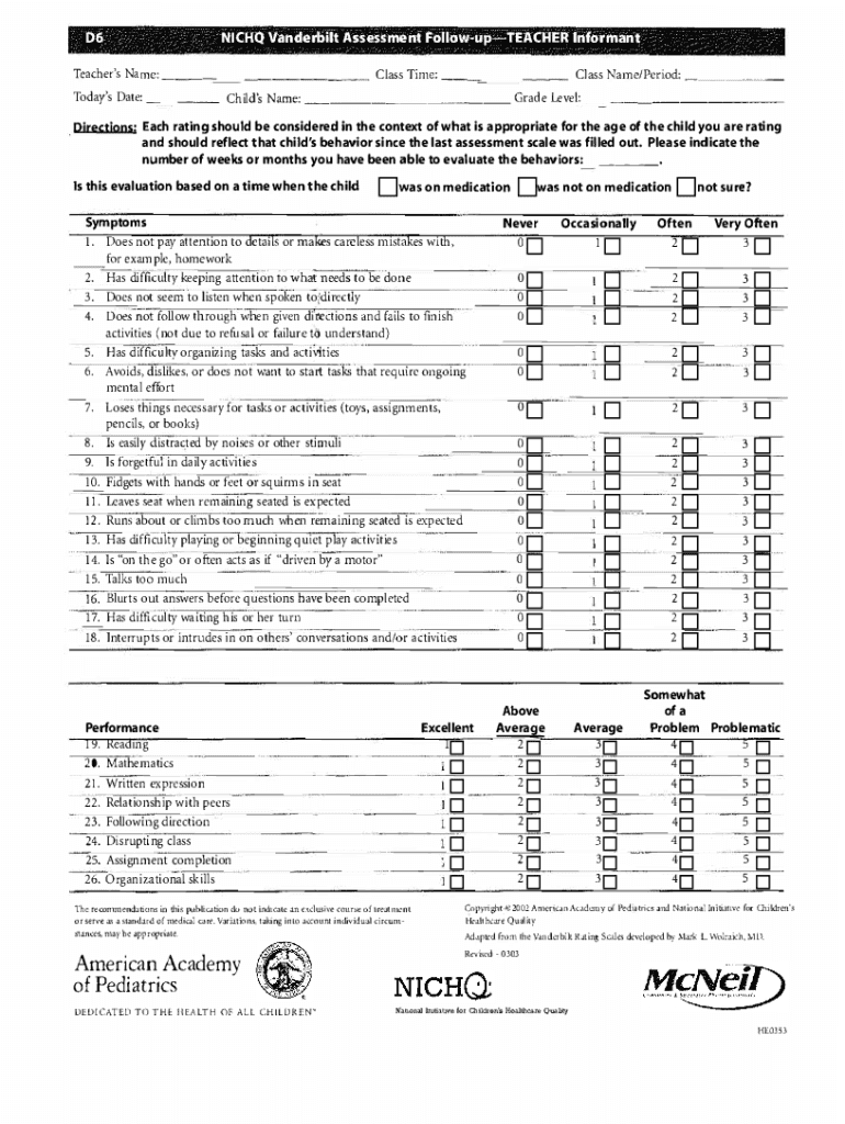 Fillable Online NICHQ Vanderbilt Assessment Follow-up: Teacher ...