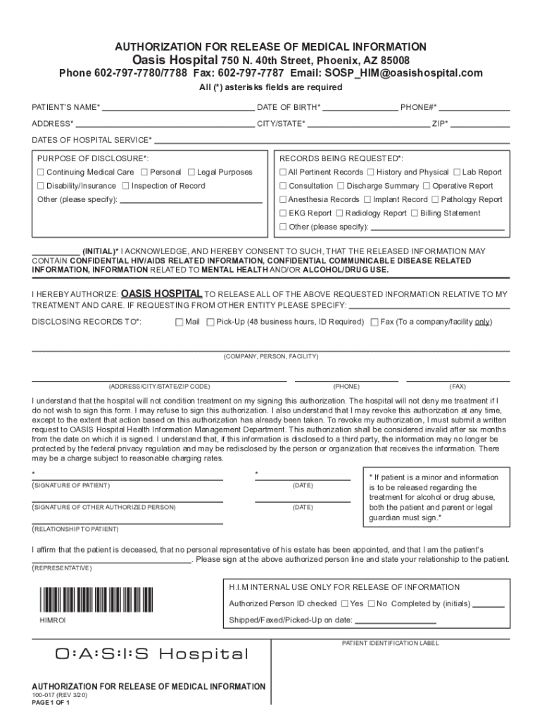 Fillable Online AUTHORIZATION FOR RELEASE OF MEDICAL INFORMATION Oasis ...