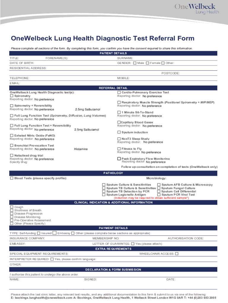 Fillable Online OneWelbeck Lung Health Diagnostic Test Referral Form ...