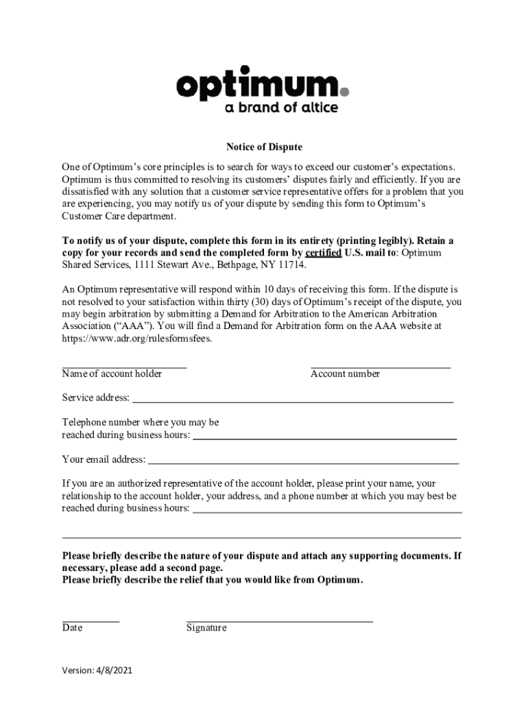 Optimum Notice Of Dispute - Fill Online, Printable, Fillable, Blank ...
