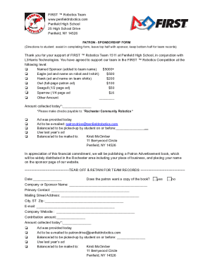 Fillable Online PATRON - SPONSORSHIP FORM (Directions to Student ...