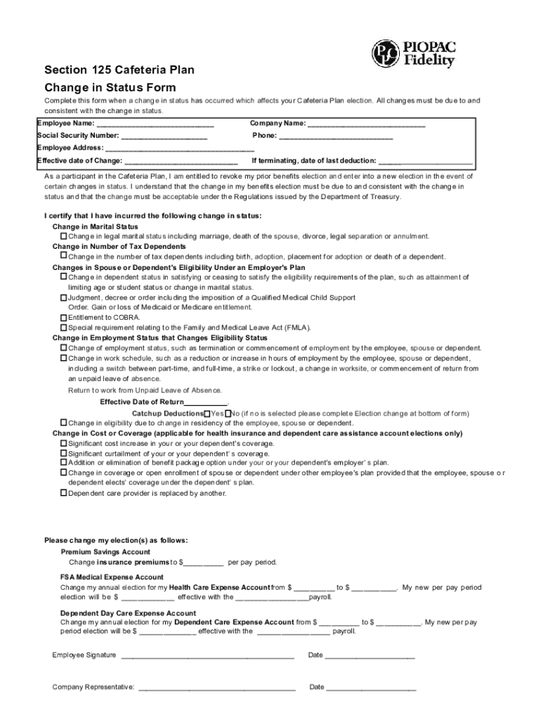 Fillable Online Fillable Online Section 125 Cafeteria Plan Change in ...