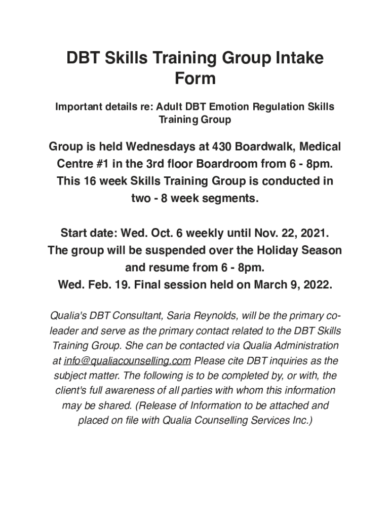 Fillable Online DBT Intake Info. Primary Therapist Form & Client Form ...