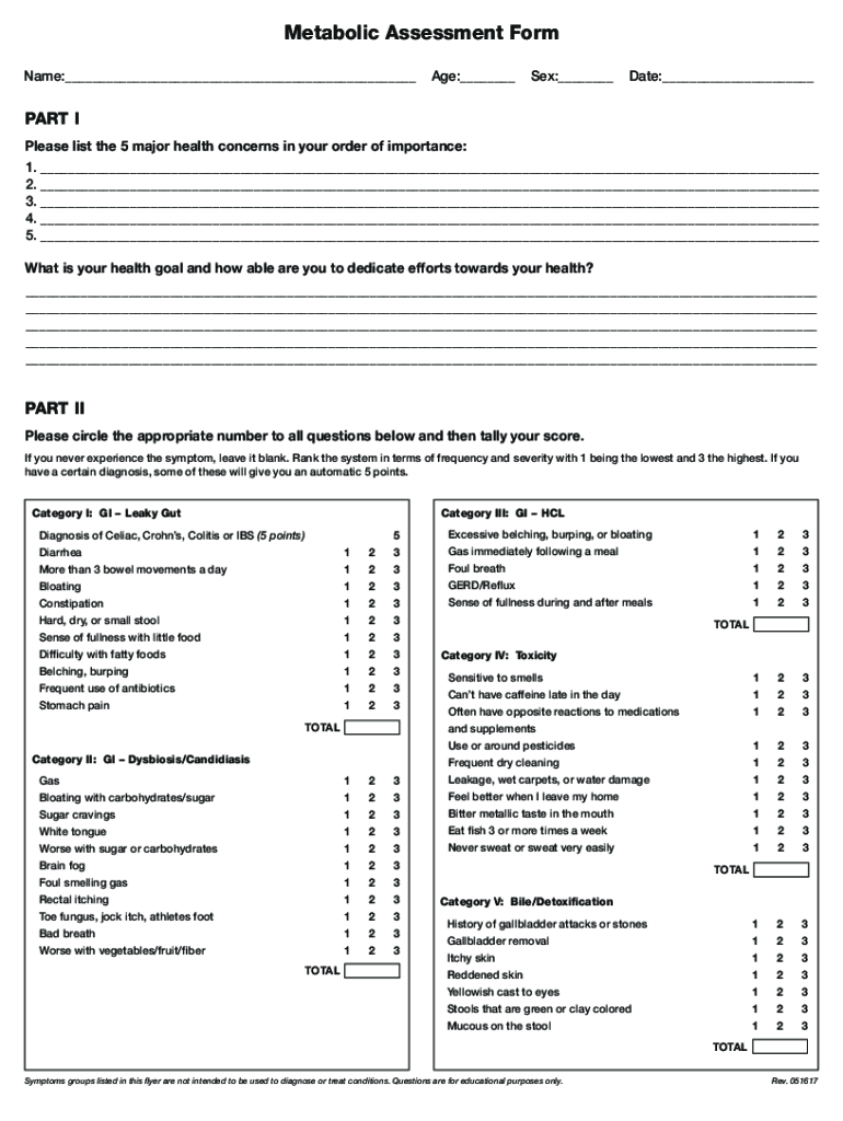 Fillable Online Metabolic Assessment Form Lynch Chiropractic and ...