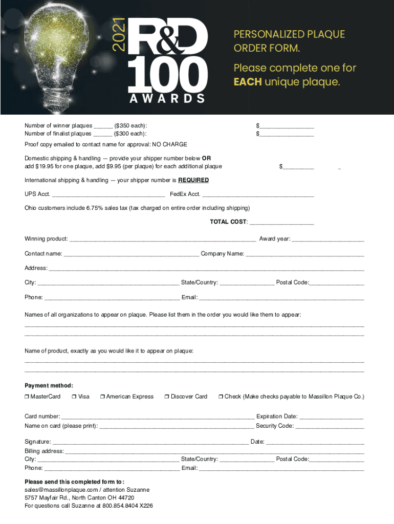 Fillable Online 2021 PERSONALIZED PLAQUE ORDER FORM. Please complete ...