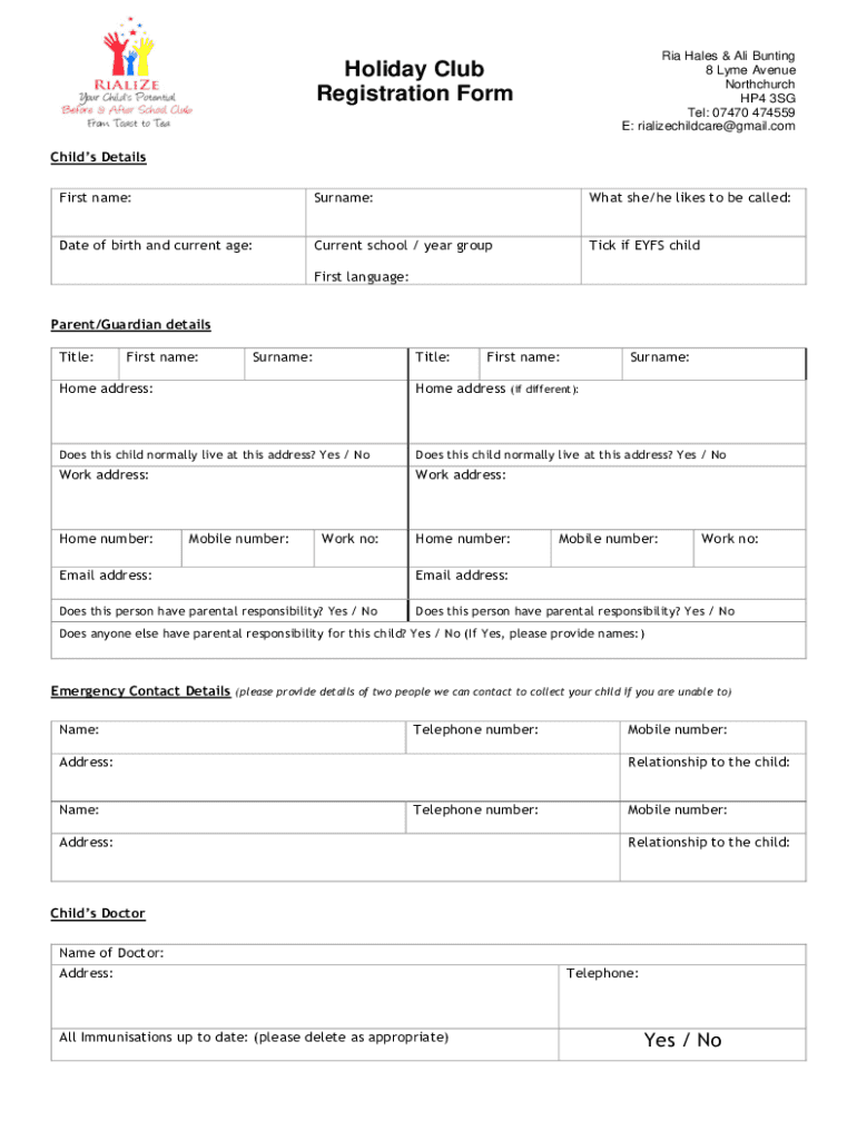 Fillable Online Ria Hales & Ali Bunting Holiday Club Registration Form ...
