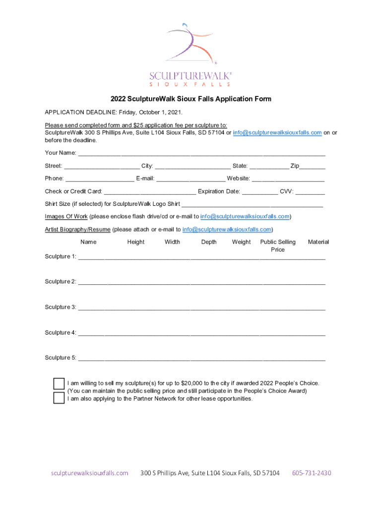 Fillable Online 2022 SculptureWalk Sioux Falls Application Form Fax Email Print - pdfFiller