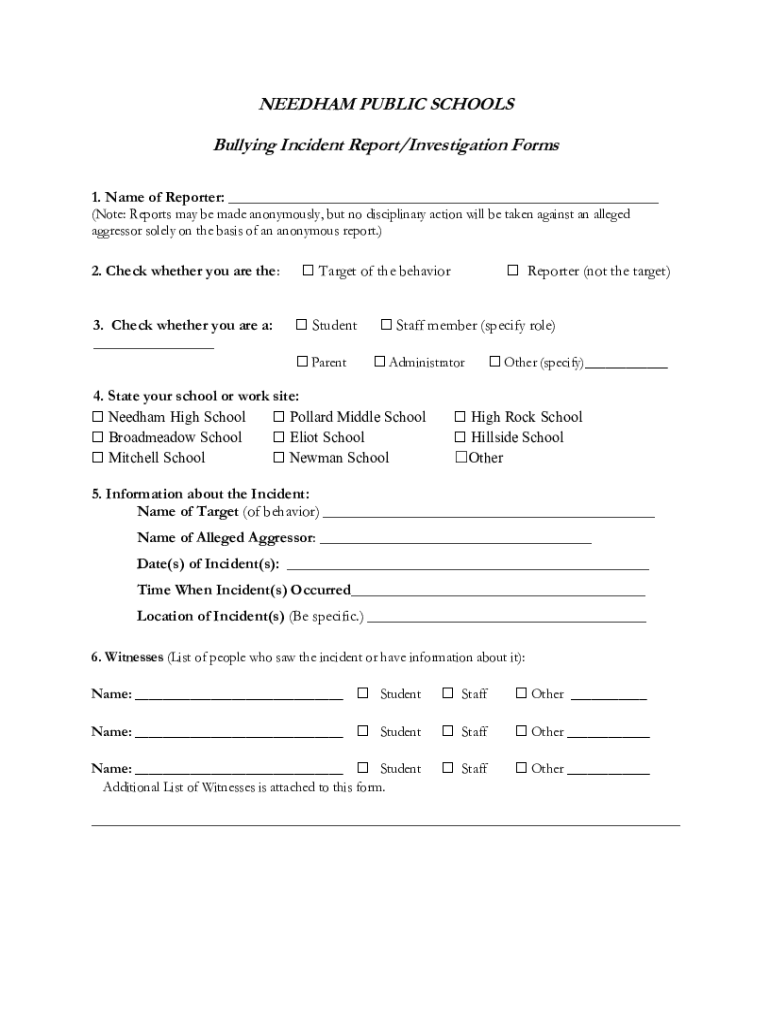 Fillable Online Bullying Incident and Investigation Form - Google Docs ...