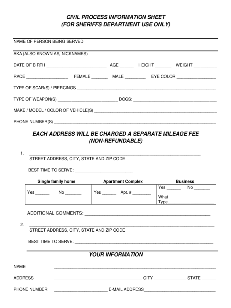 Fillable Online CIVIL PROCESS INFORMATION SHEET (FOR SHERIFFS ...