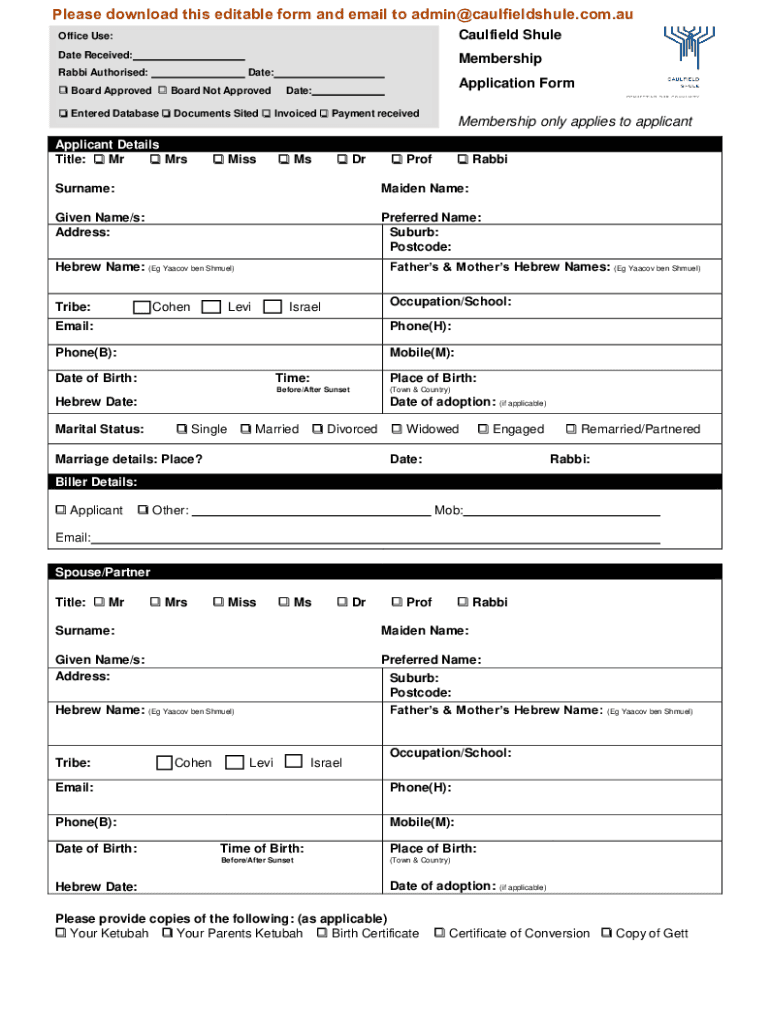 Fillable Online Caulfield Shule Membership Application Form Board Not ... Fax Email Print ...