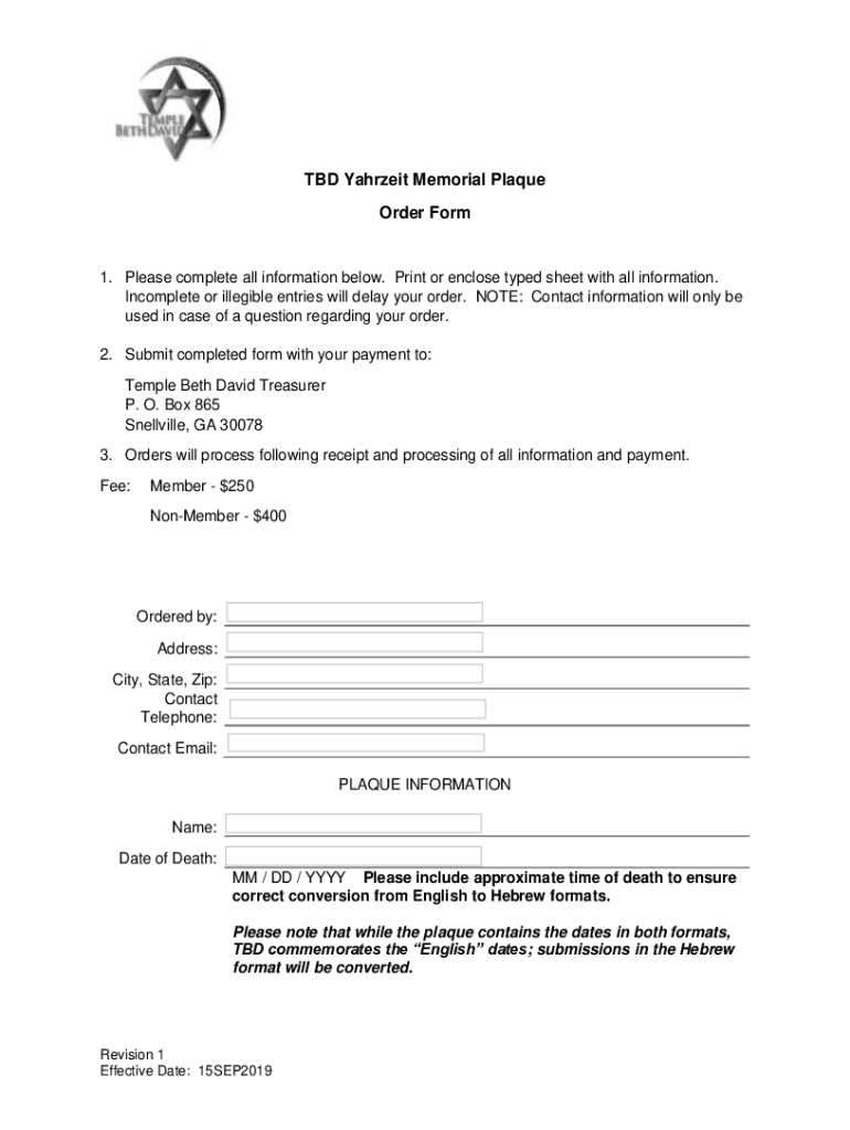 Fillable Online TBD Yahrzeit Memorial Plaque Order Form Fax Email Print ...