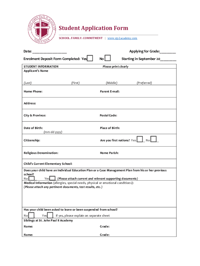 Fillable Online Student Application Form - Saint John Paul II Academy ...