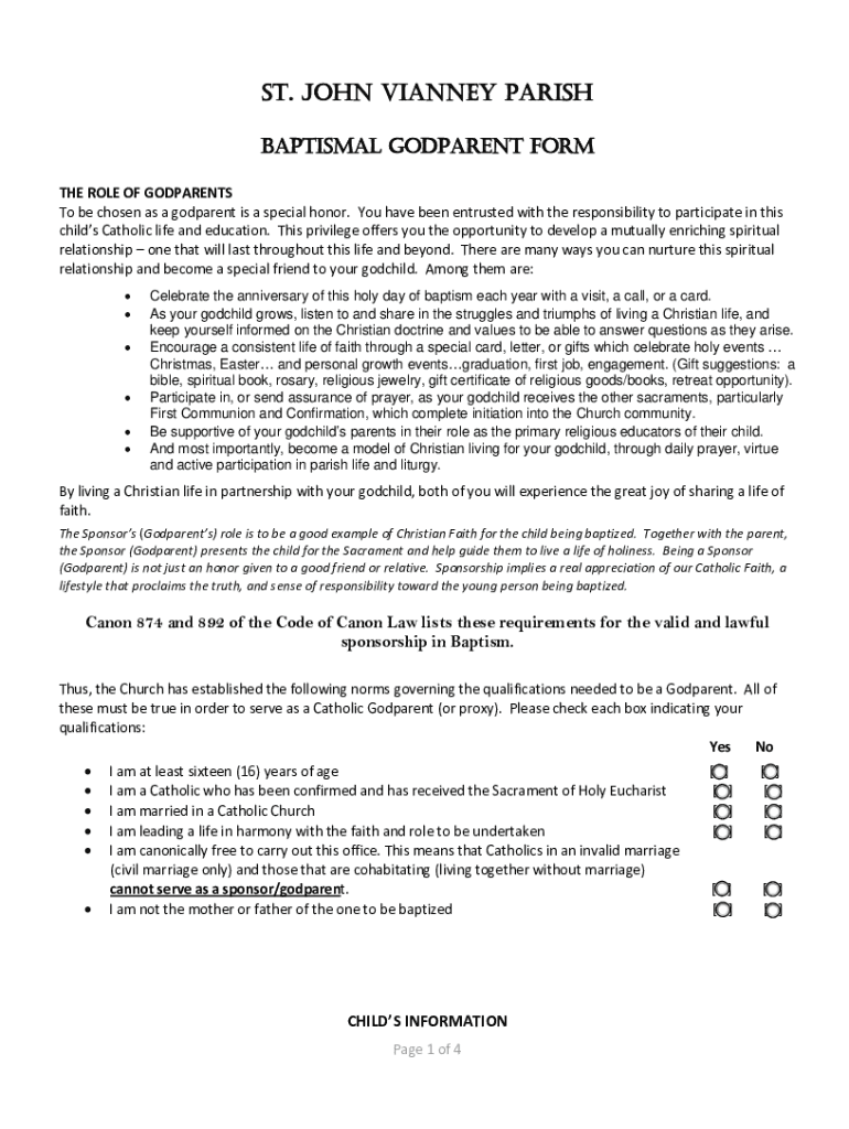 Fillable Online Fillable Online Godparent Form - St. John Vianney ...