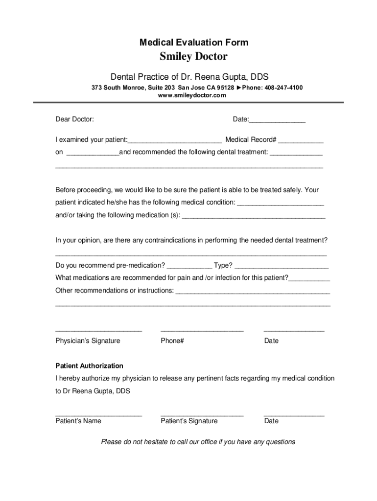 Fillable Online Medical Evaluation Form Smiley Doctor Fax Email Print ...