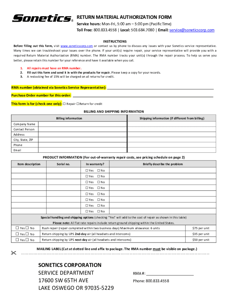 Fillable Online Return Material Authorization (RMA) FormSonetics ...