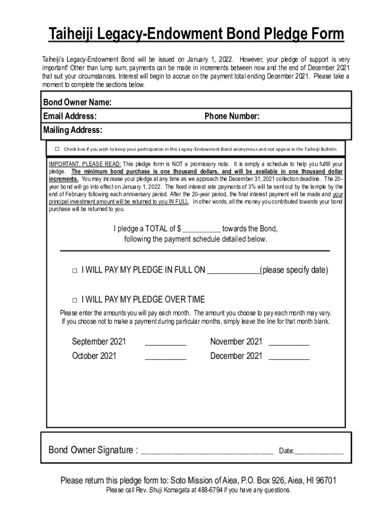Fillable Online Taiheiji Legacy-Endowment Bond Pledge Form Fax Email ...
