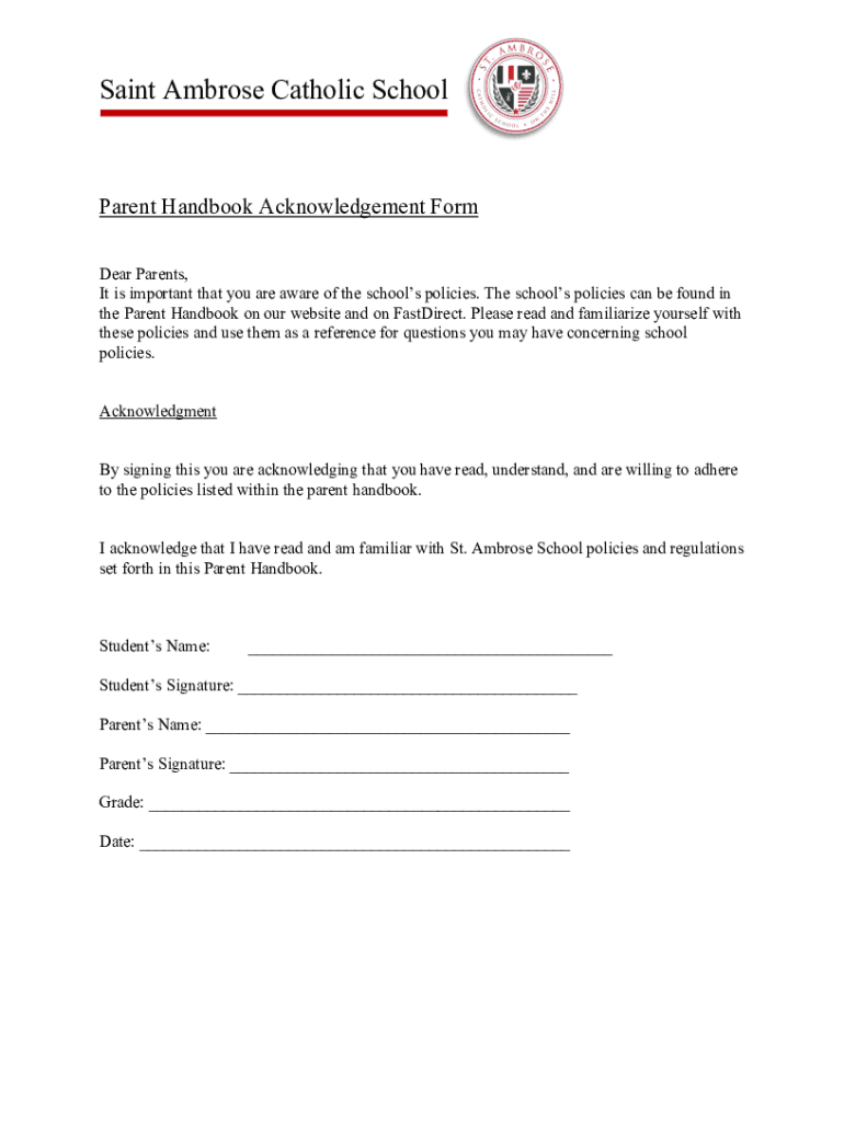 Fillable Online Parent Handbook and Acknowledgement Form - Saint ...