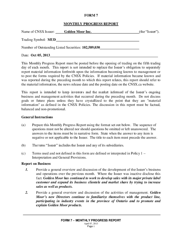 Fillable Online AMENDED FORM 7 MONTHLY PROGRESS REPORT - webfiles ...