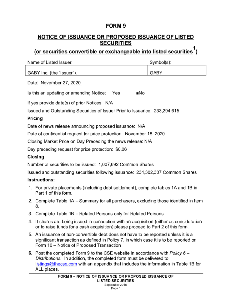 Fillable Online GABY - CSE Form 9 - Notice of Issuance of Securities ...