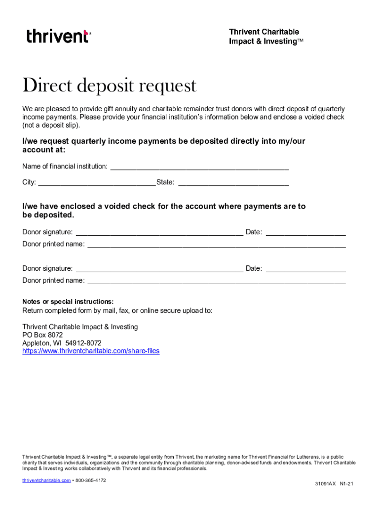 Fillable Online Direct deposit request - thriventcharitable.com Fax ...