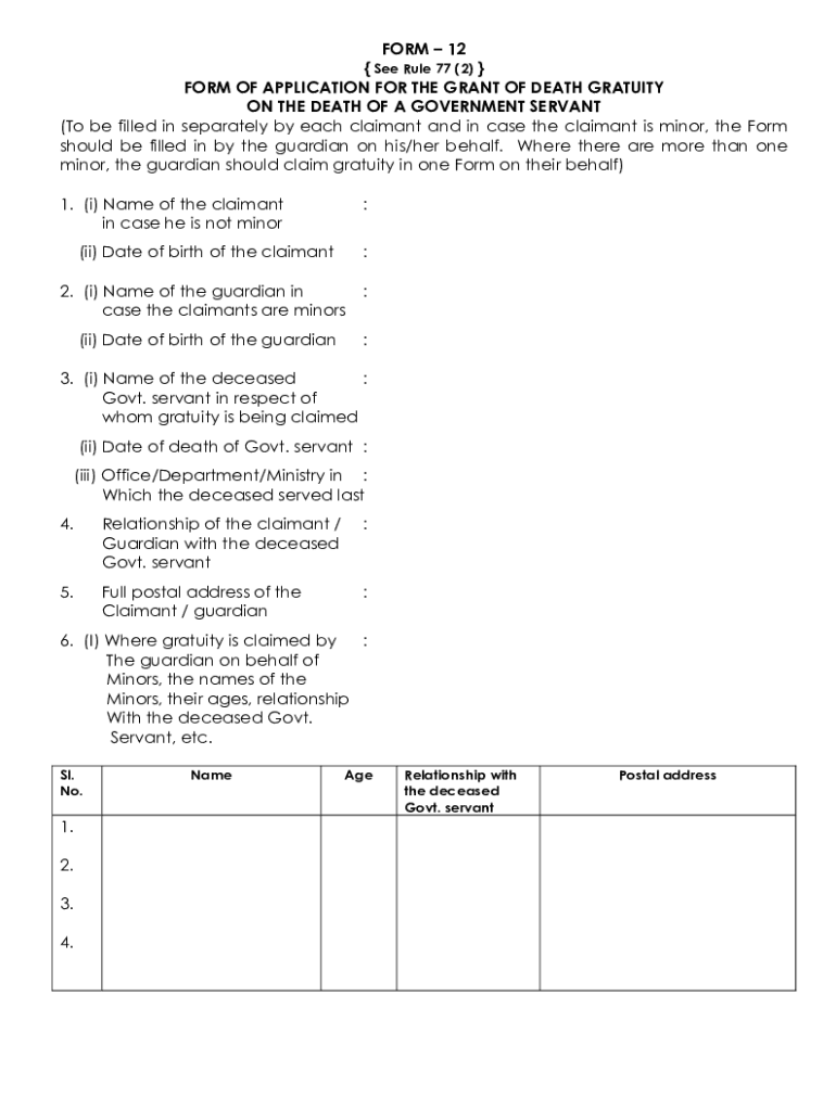 Fillable Online FORM 12 Form Of Application For The Grant Of Death
