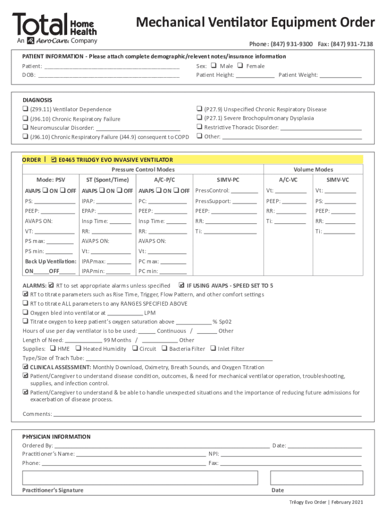 Fillable Online Mechanical Ventilator Equipment Order - Total Home ...