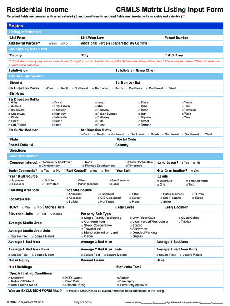 Fillable Online Residential CRMLS Matrix Listing Inpt Form Fax Email ...