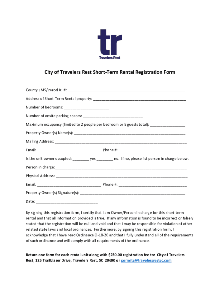 Fillable Online City of Travelers Rest Short-Term Rental Registration ...