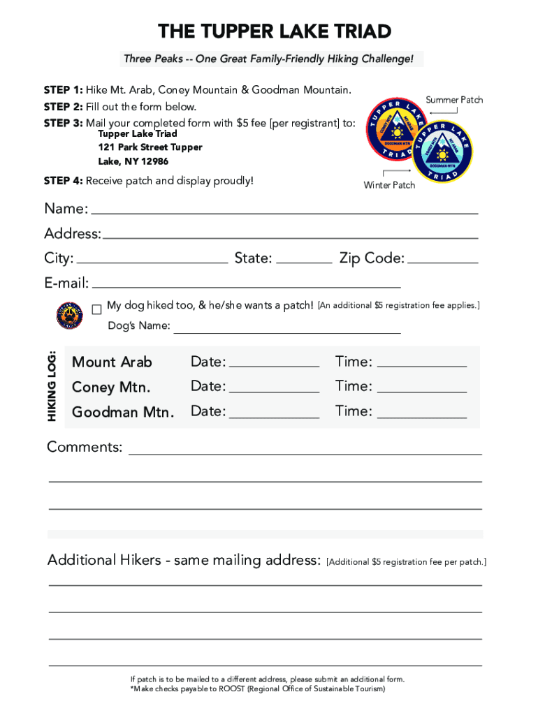 Tupper Lake Triad Hiking Challenge Form - Blank Fillable Template ...