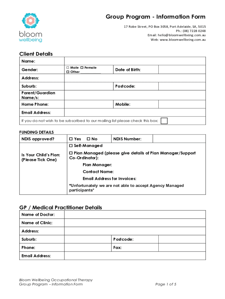 Fillable Online Group Program - Information Form - bloomwellbeing.com ...