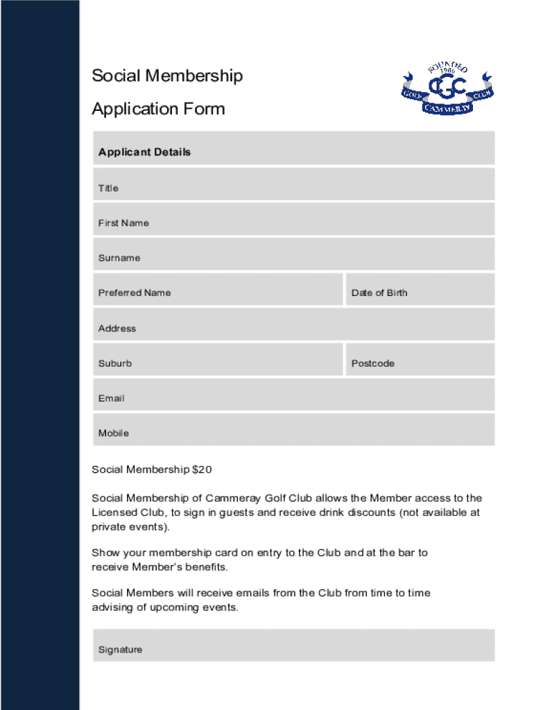 Fillable Online Social Membership Application Form - Cammeray Fax Email ...