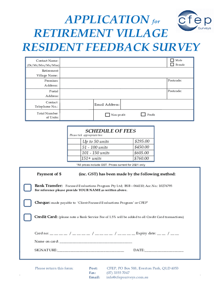 Fillable Online APPLICATION RETIREMENT VILLAGE RESIDENT FEEDBACK SURVEY ...
