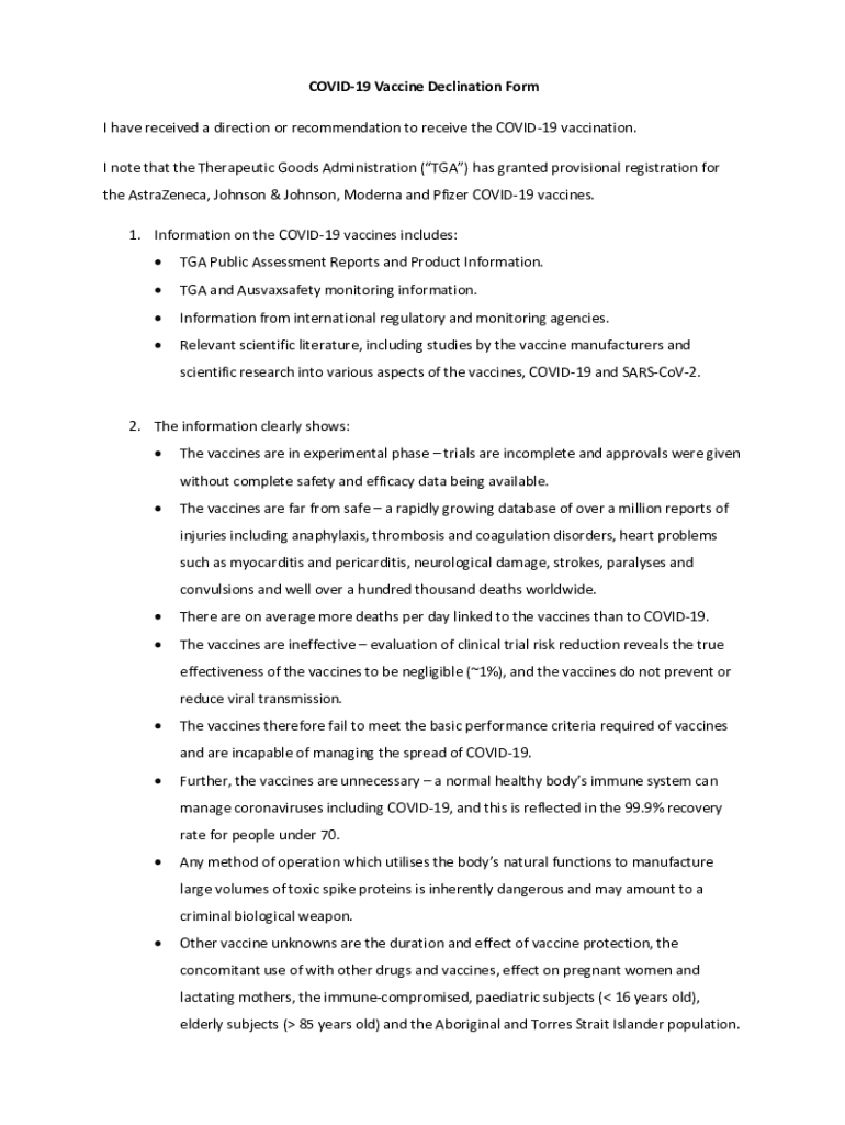 Fillable Online Fill - Free fillable COVID-19 VACCINE DECLINATION FORM ...