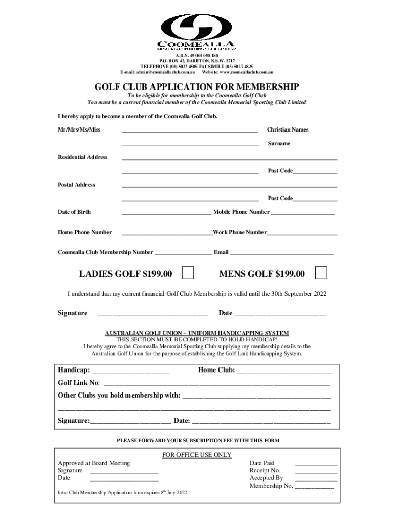 Fillable Online Fillable Online golf club application for membership ...