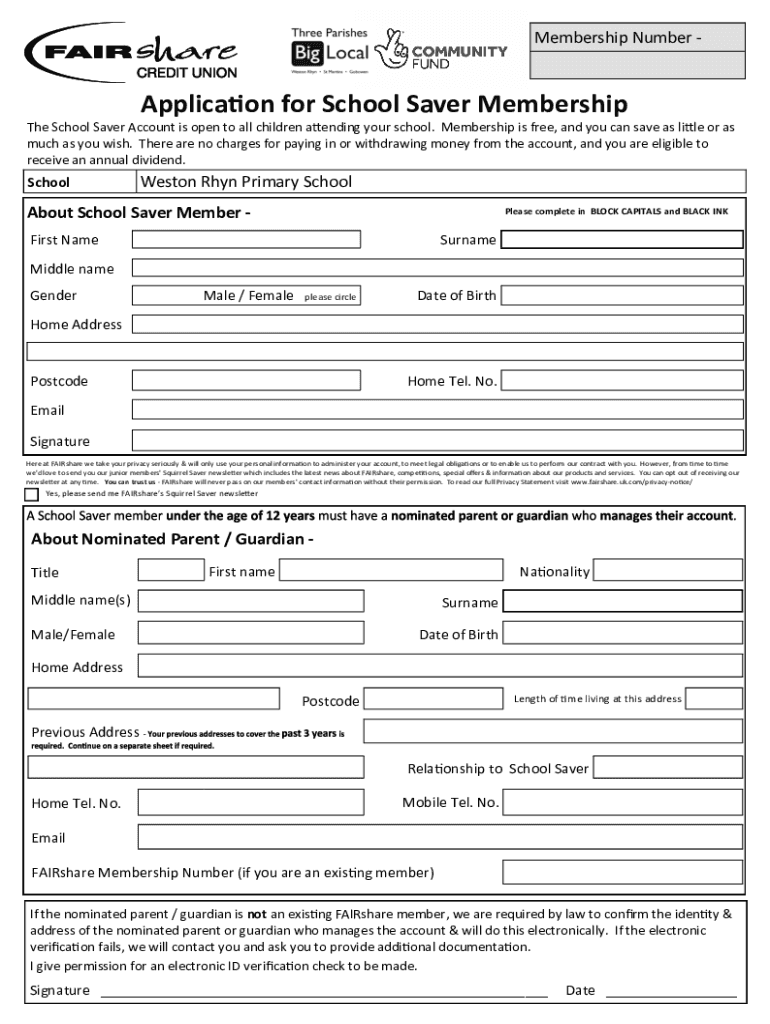 Fillable Online Application for School Saver Membership - FAIRshare ...
