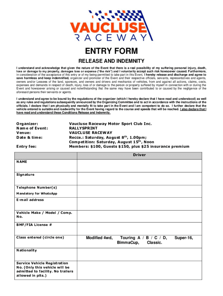 Fillable Online VR MSC ENTRY FORM Fax Email Print - pdfFiller