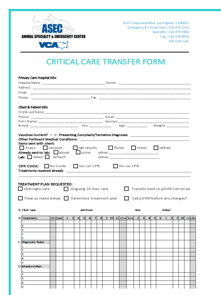Fillable Online SPECIALTY PATIENT REFERRAL FORM - VCA Animal Hospitals Fax Email Print - pdfFiller